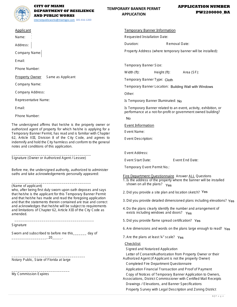City of Miami, Florida Temporary Banner Permit Application - Fill Out ...