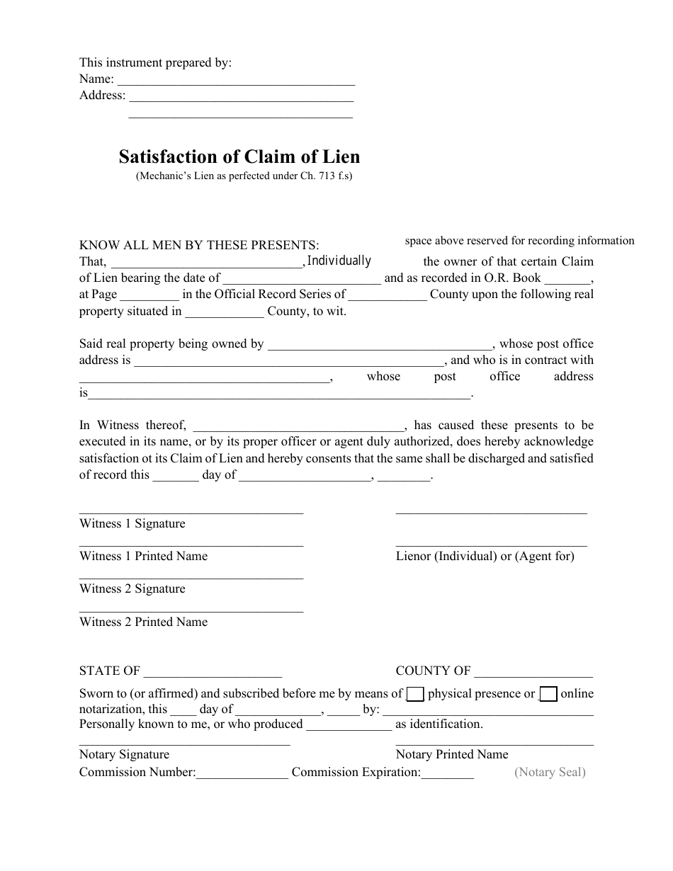 Clay County Florida Satisfaction Of Claim Of Lien Fill Out Sign 