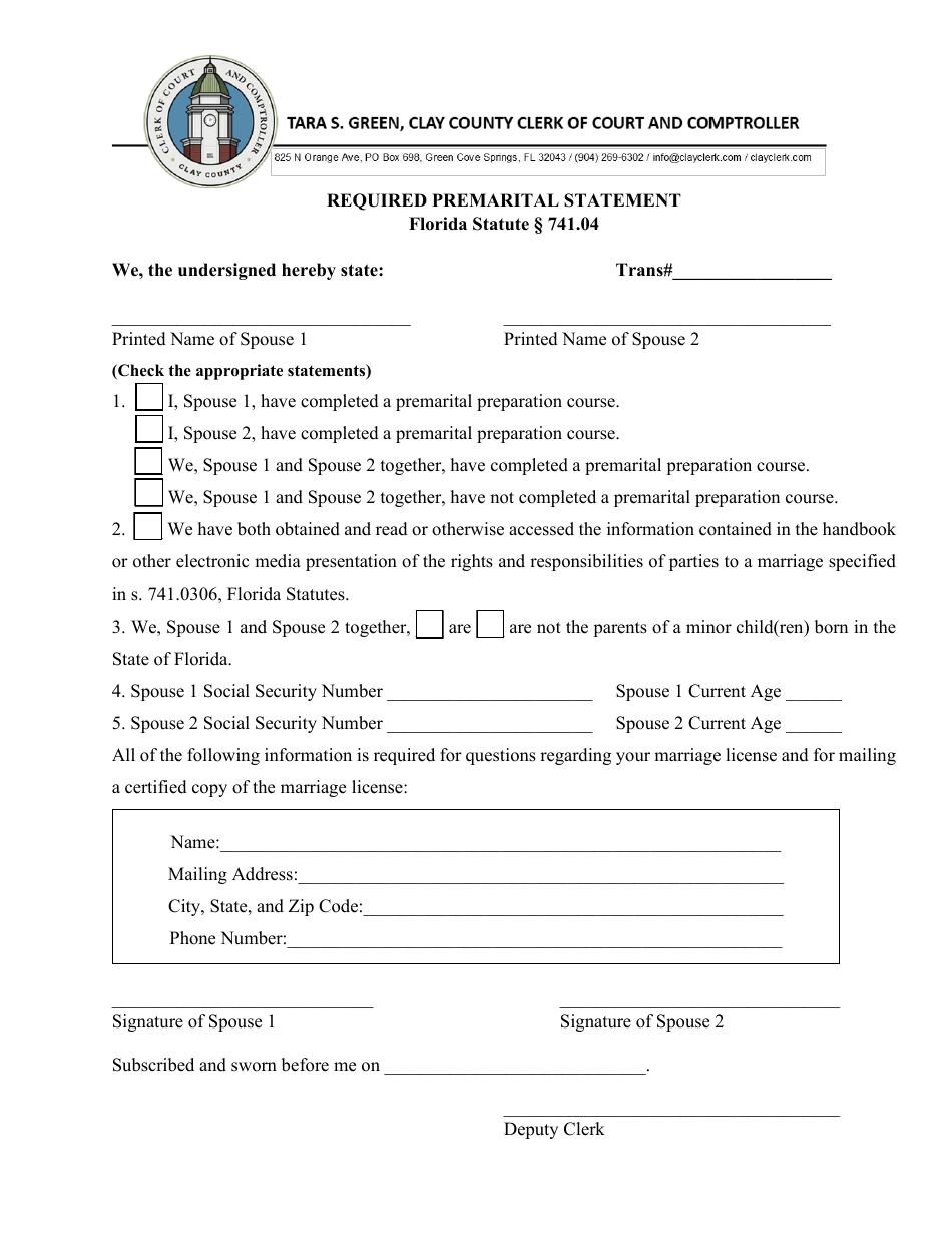 Clay County, Florida Required Premarital Statement - Fill Out, Sign ...