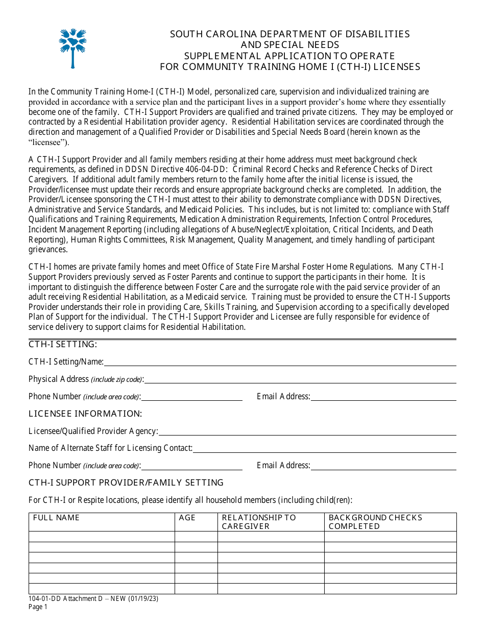 South Carolina Supplemental Application to Operate for Community Training Home I (Cth-I ...