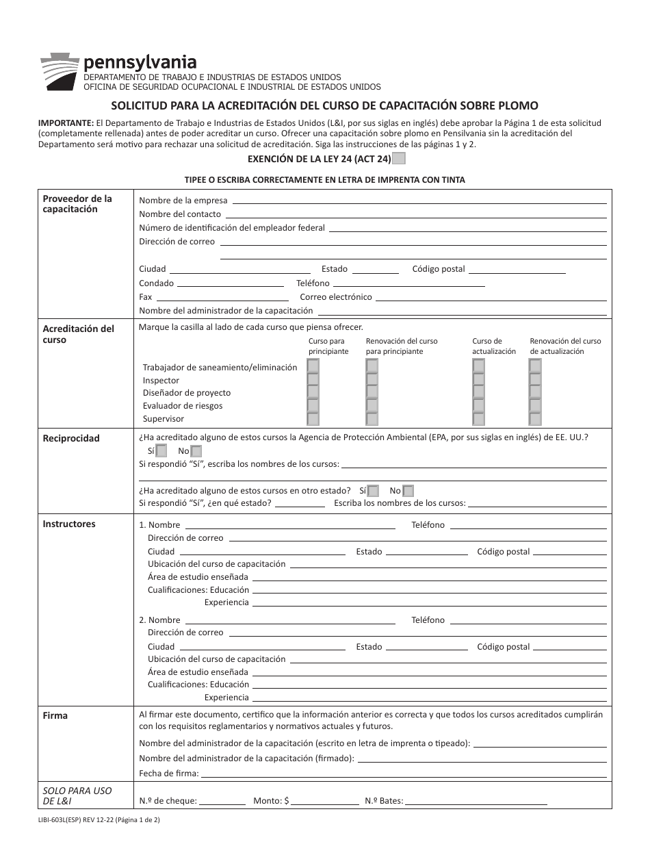 Formulario LIBI-603L(ESP) - Fill Out, Sign Online and Download Fillable PDF, Pennsylvania ...