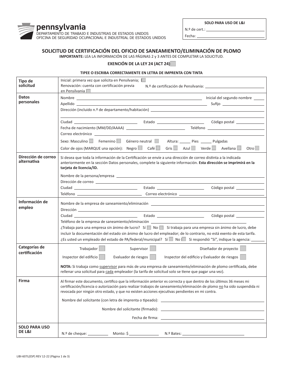 Formulario LIBI-607L(ESP) - Fill Out, Sign Online and Download Fillable PDF, Pennsylvania ...