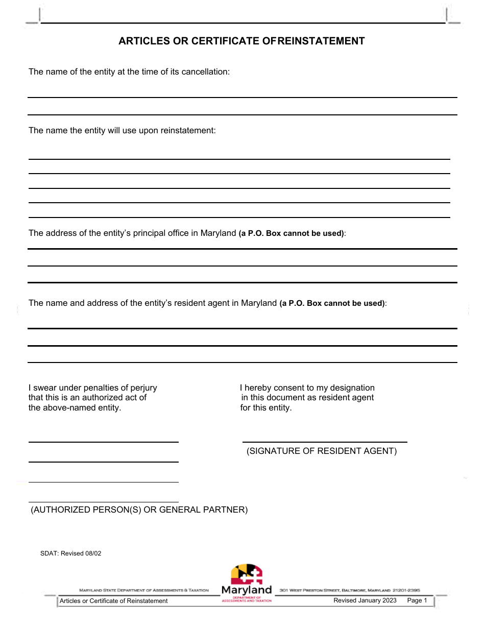 Maryland Articles or Certificate of Reinstatement Download Fillable PDF ...