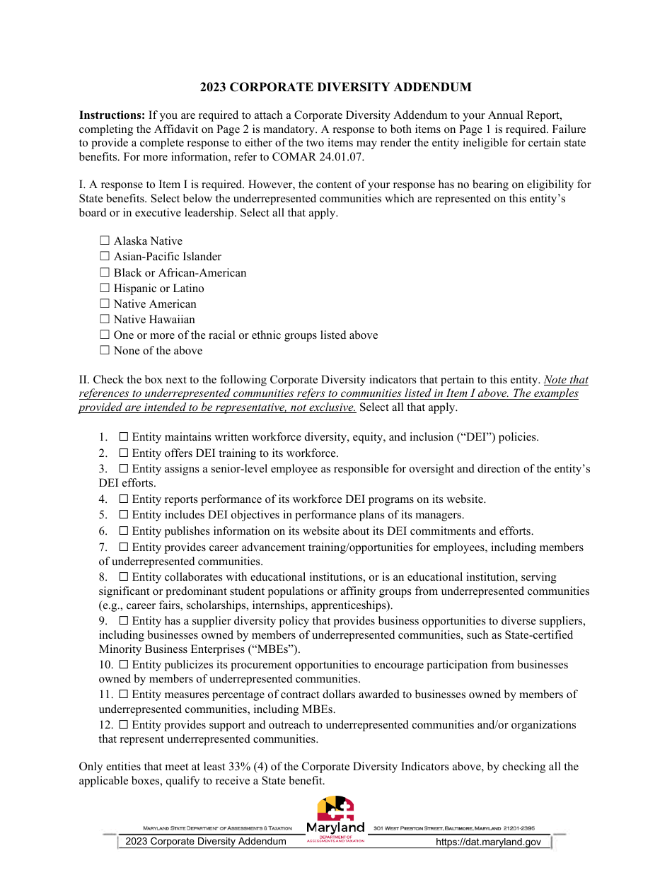 2023 Maryland Corporate Diversity Addendum - Fill Out, Sign Online and ...