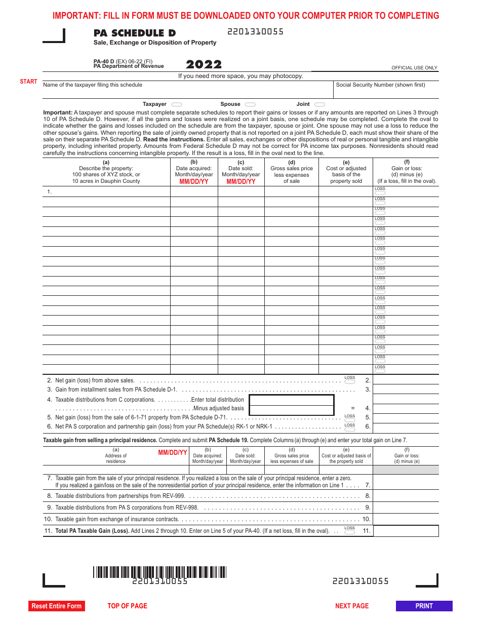 Form PA-40 Schedule D Download Fillable PDF or Fill Online Sale ...