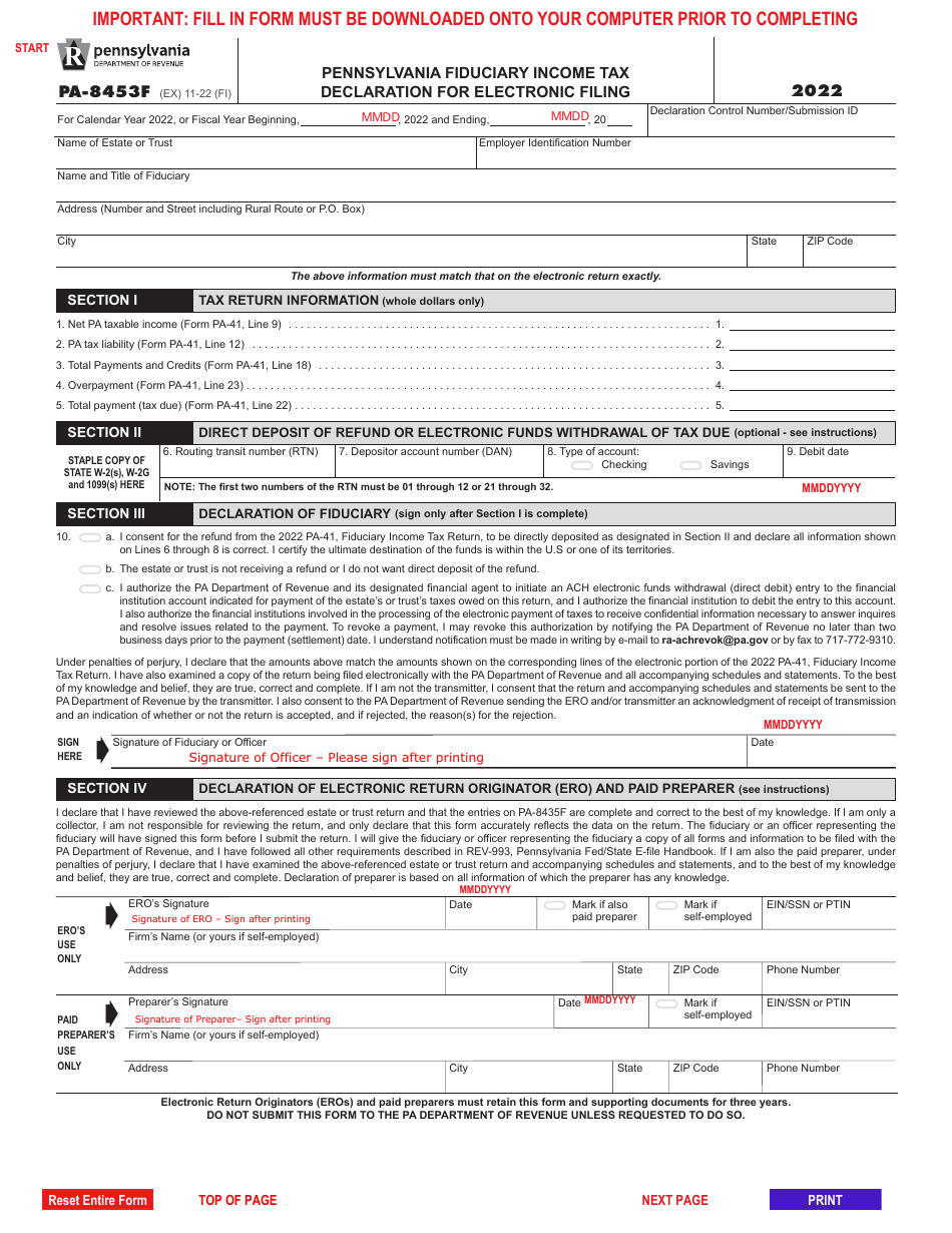Form PA-8453F Download Fillable PDF or Fill Online Pennsylvania ...