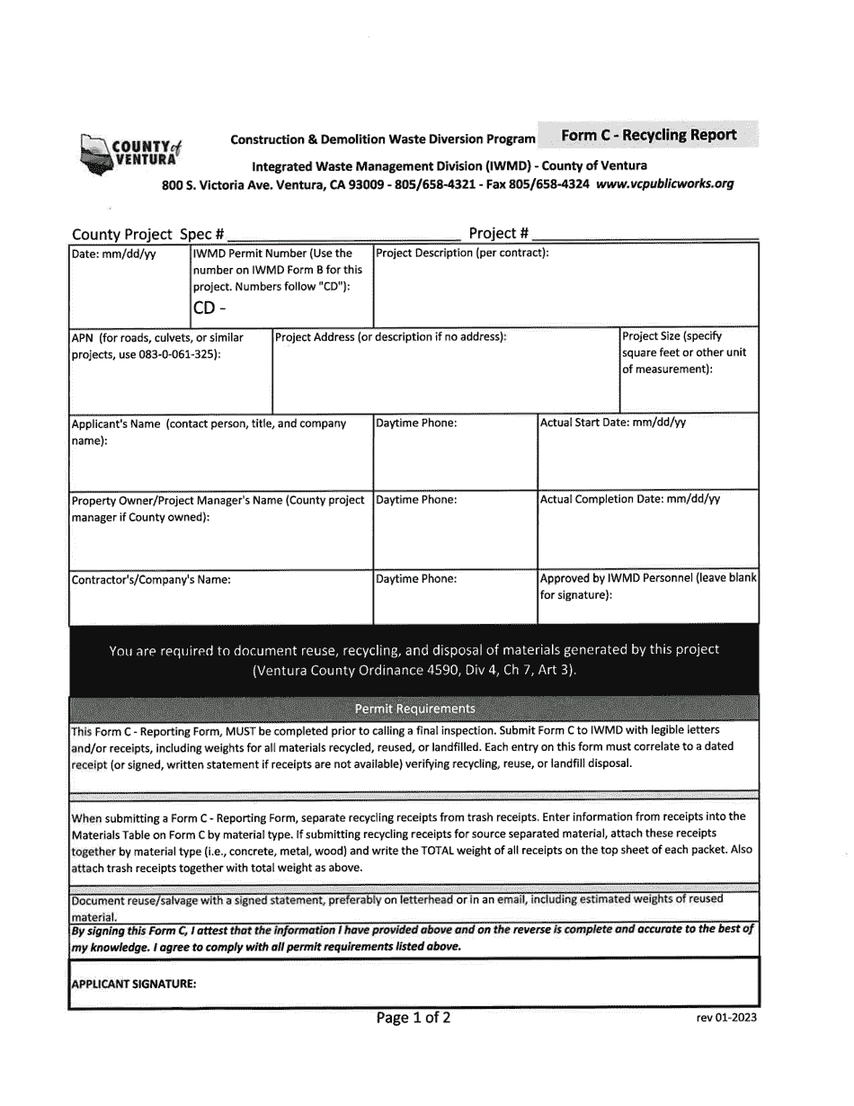 Form C Download Printable PDF or Fill Online Recycling Report ...