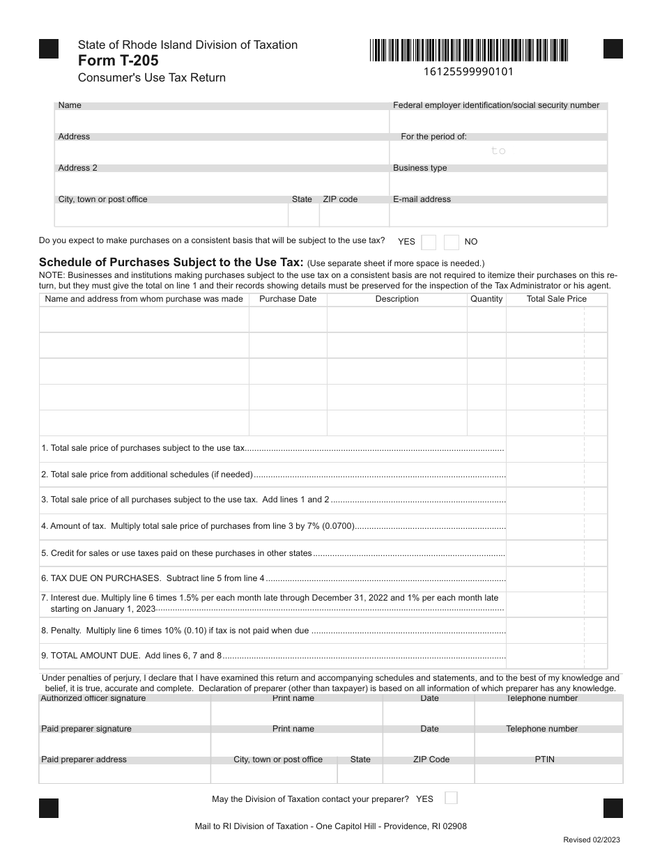 Form T-205 - Fill Out, Sign Online and Download Fillable PDF, Rhode ...