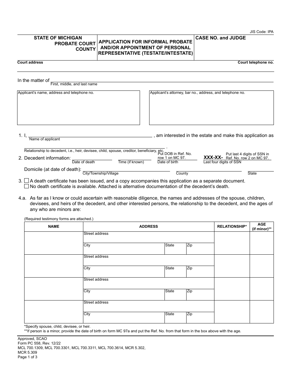 Form PC558 Download Fillable PDF or Fill Online Application for ...