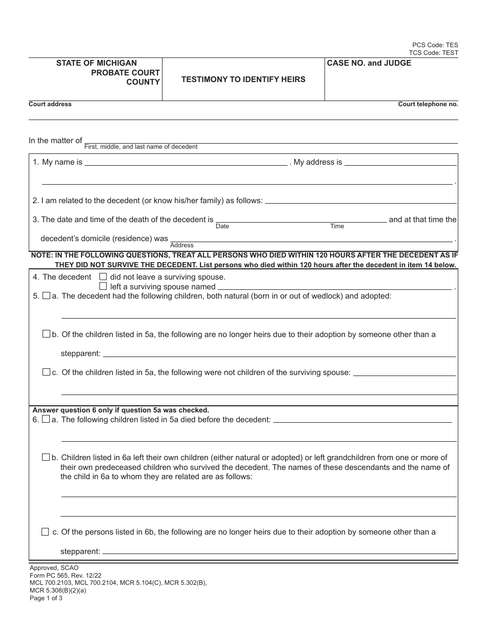Form PC565 Download Fillable PDF or Fill Online Testimony to Identify ...