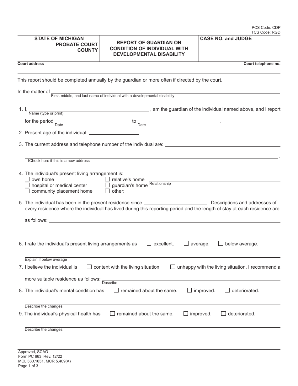 Form PC663 Download Fillable PDF or Fill Online Report of Guardian on ...