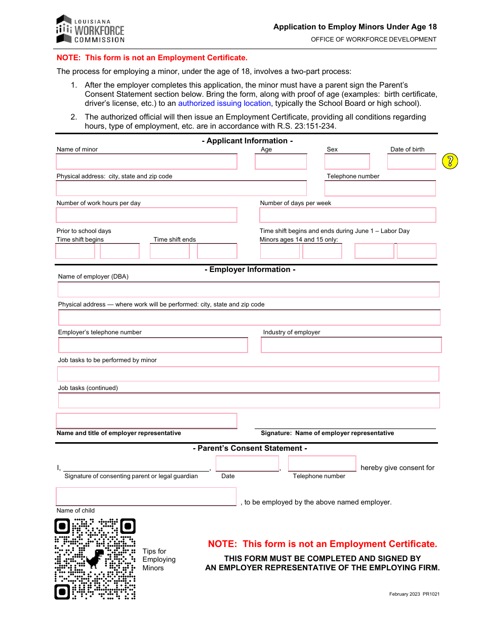 Form PR1021 Download Fillable PDF or Fill Online Application to Employ ...