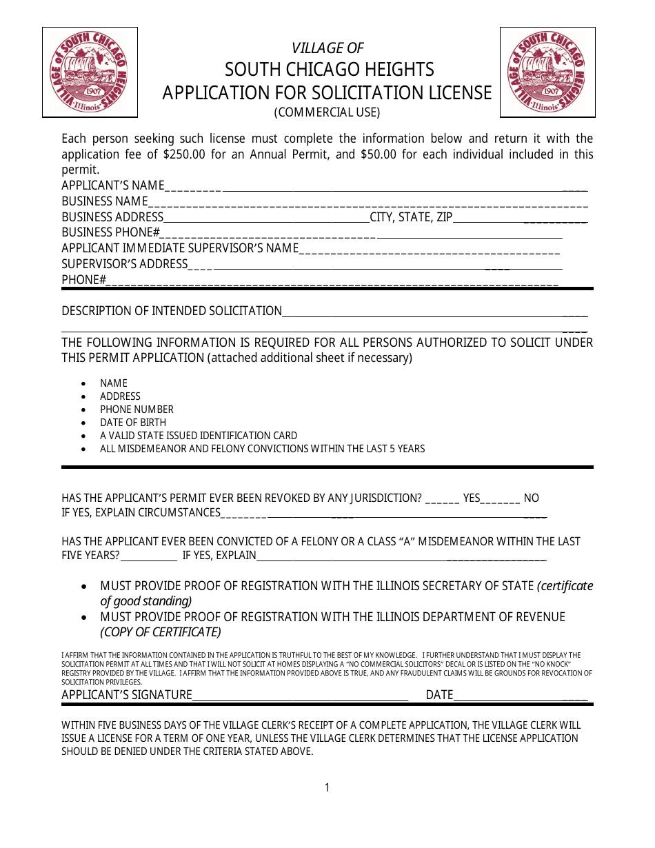 Village of South Chicago, Illinois Application for Solicitation License ...