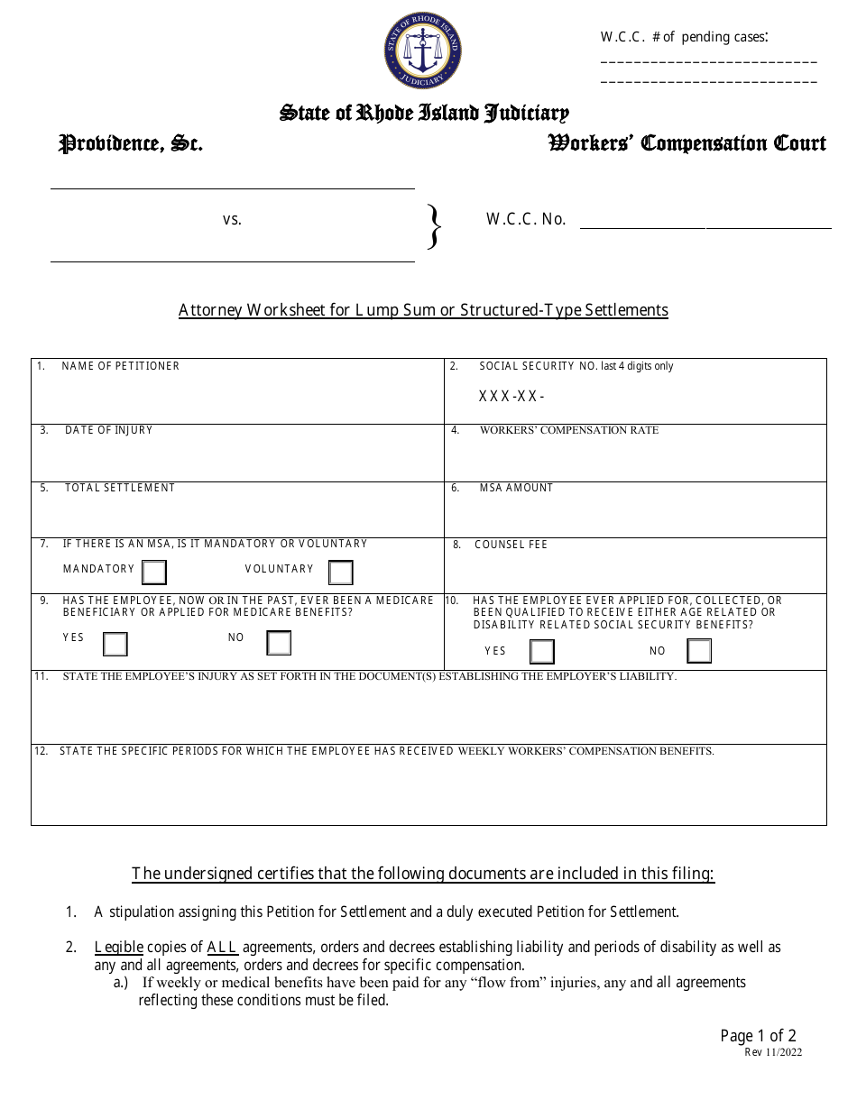 Rhode Island Attorney Worksheet for Lump Sum or Structured-type ...