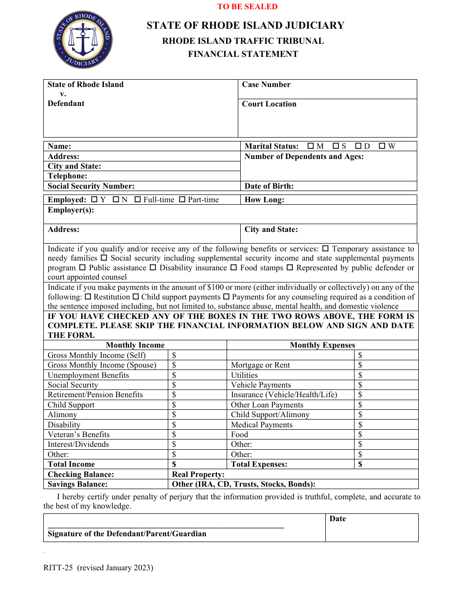 Form RITT-25 Download Fillable PDF or Fill Online Financial Statement ...