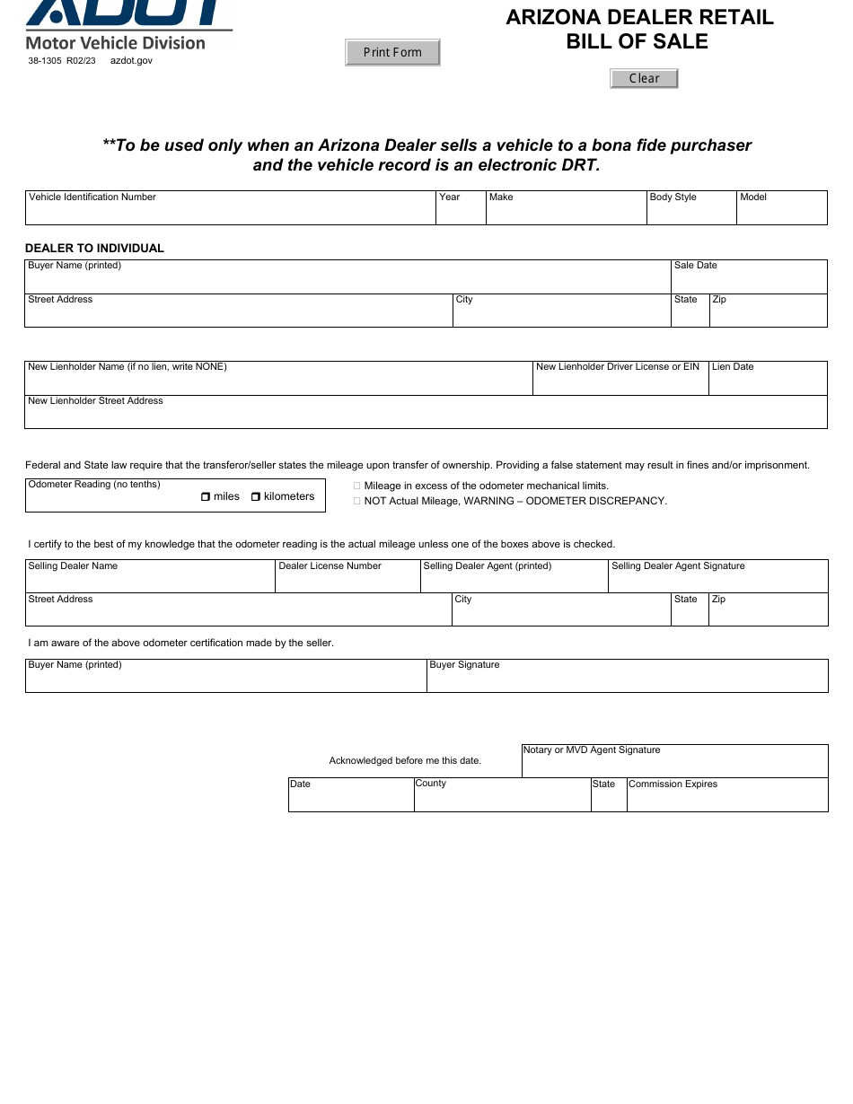 Form 38-1305 Download Fillable PDF or Fill Online Arizona Dealer Retail ...