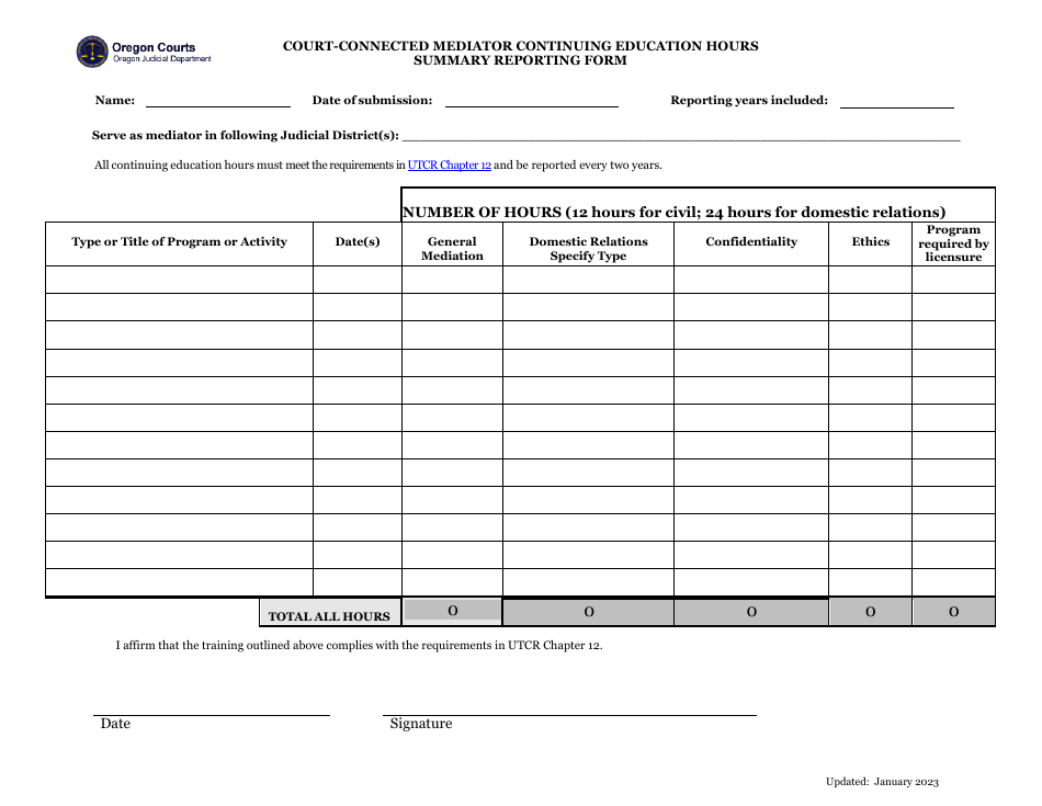 Oregon Court-Connected Mediator Continuing Education Hours Summary ...