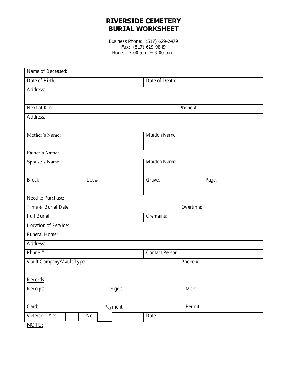 City of Albion, Michigan Riverside Cemetery Burial Worksheet - Fill Out ...