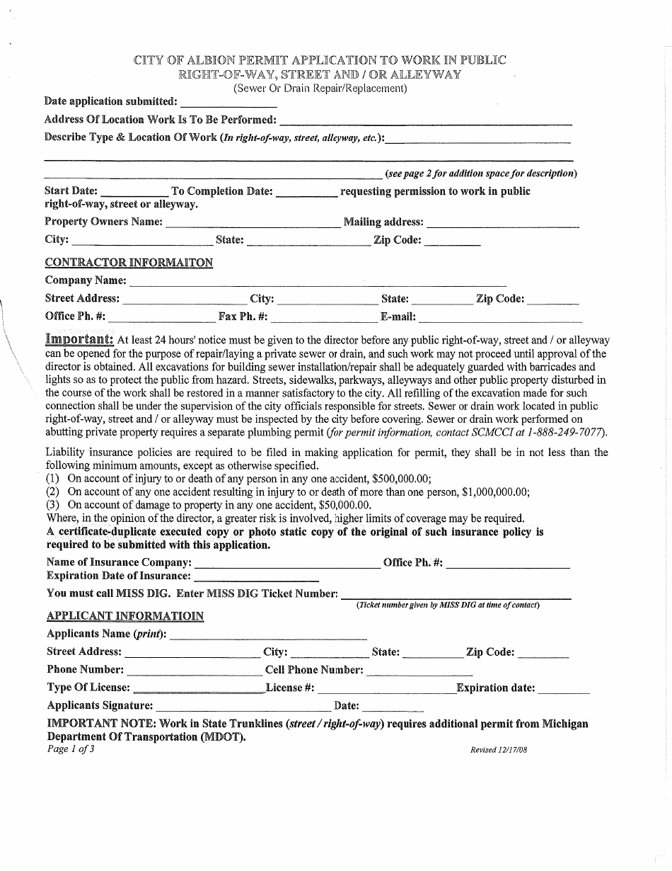 City of Albion, Michigan Permit Application to Work in Public Right-Of-Way, Street and/or ...
