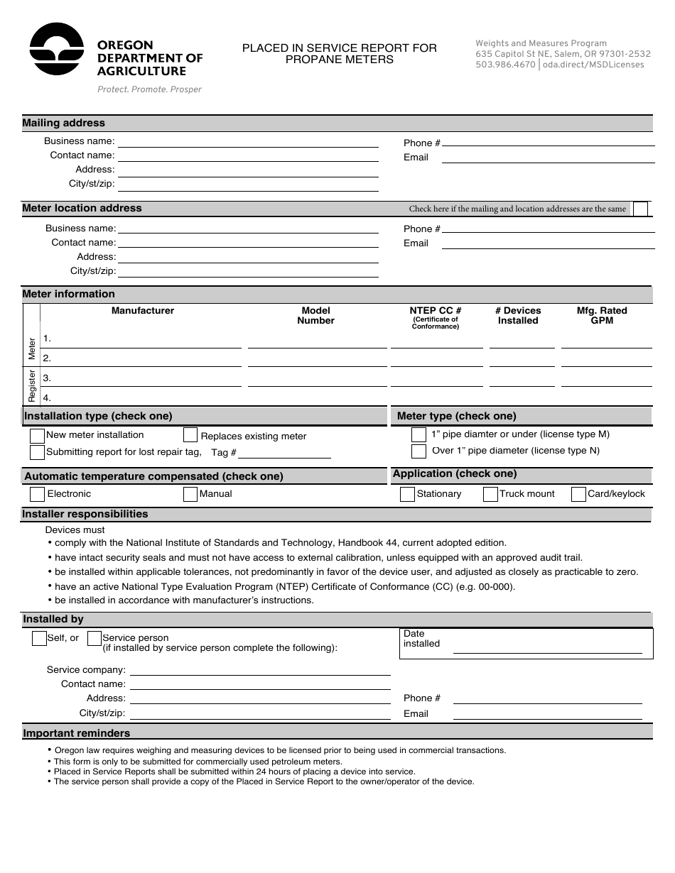 Oregon Placed in Service Report for Propane Meters - Fill Out, Sign ...
