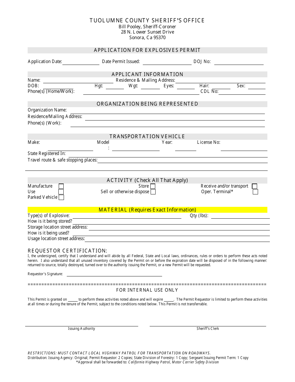 Tuolumne County, California Application for Explosives Permit - Fill ...
