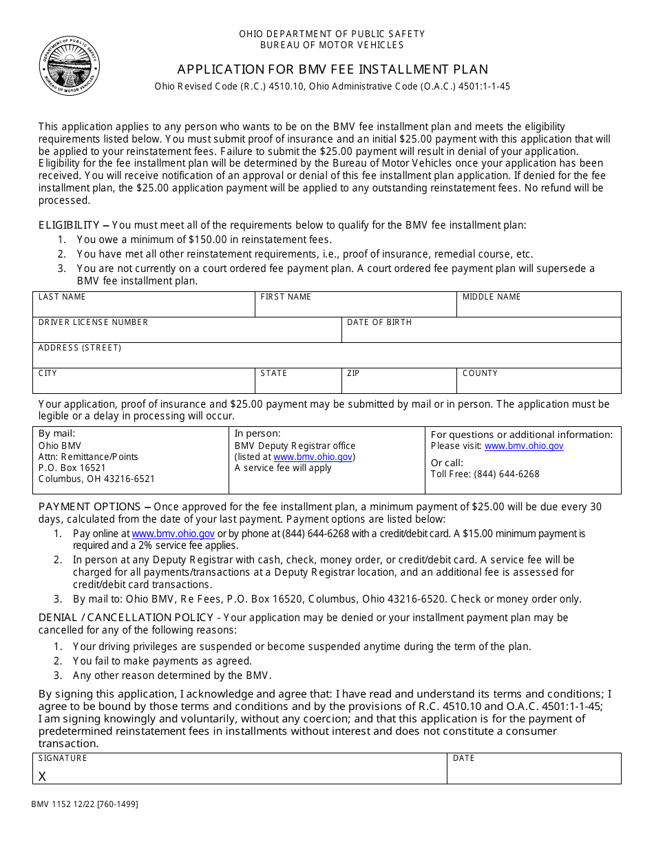 Form BMV1152 - Fill Out, Sign Online and Download Printable PDF, Ohio ...