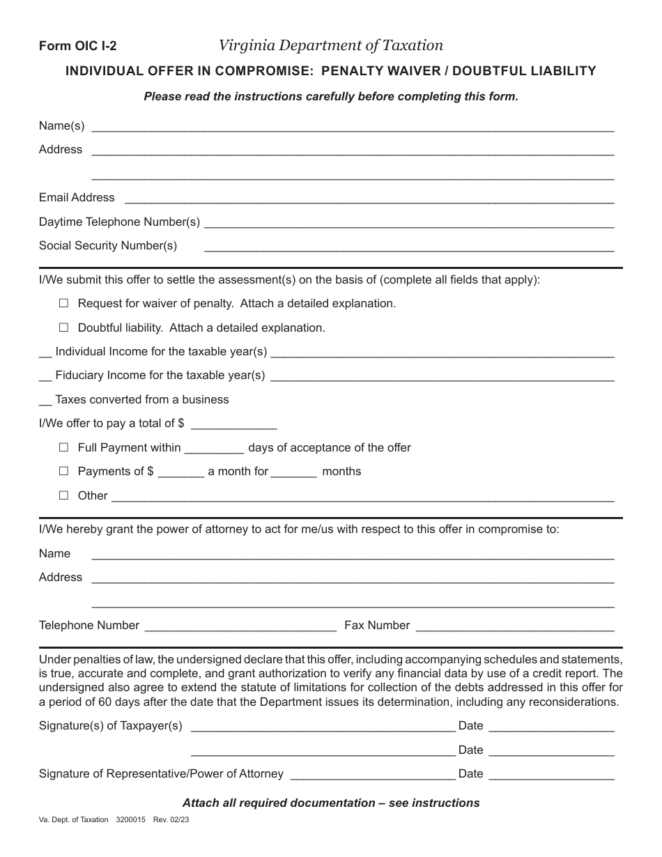 Form OIC I-2 - Fill Out, Sign Online and Download Fillable PDF ...