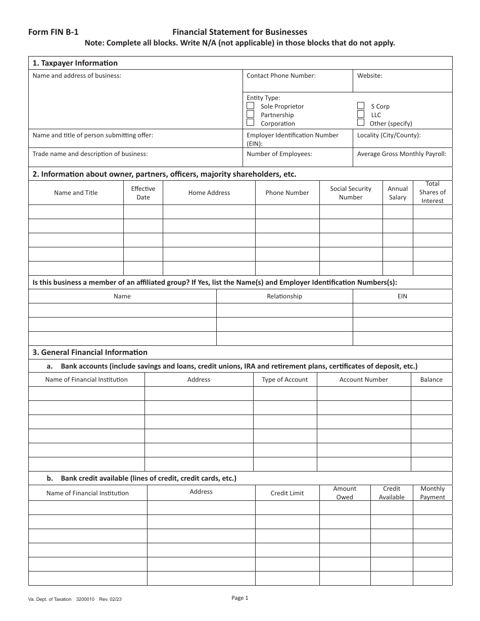Form FIN B-1 Download Fillable PDF or Fill Online Financial Statement ...
