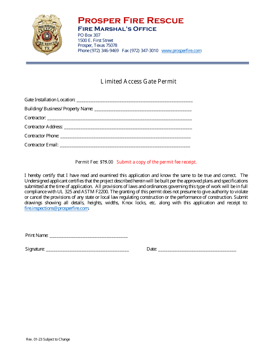 Town of Prosper, Texas Limited Access Gate Permit - Fill Out, Sign ...