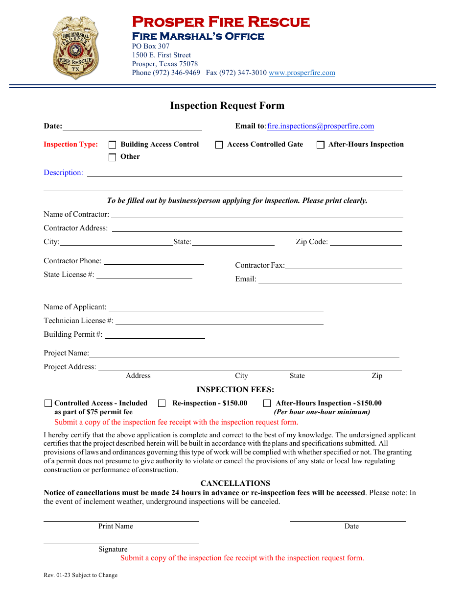 Town of Prosper, Texas Inspection Request Form - Fill Out, Sign Online ...