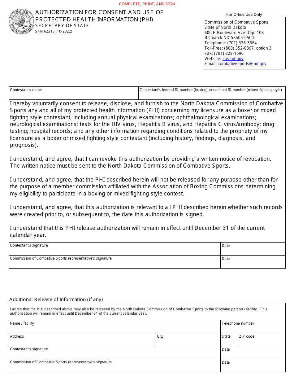 Form SFN62213 - Fill Out, Sign Online and Download Fillable PDF, North ...