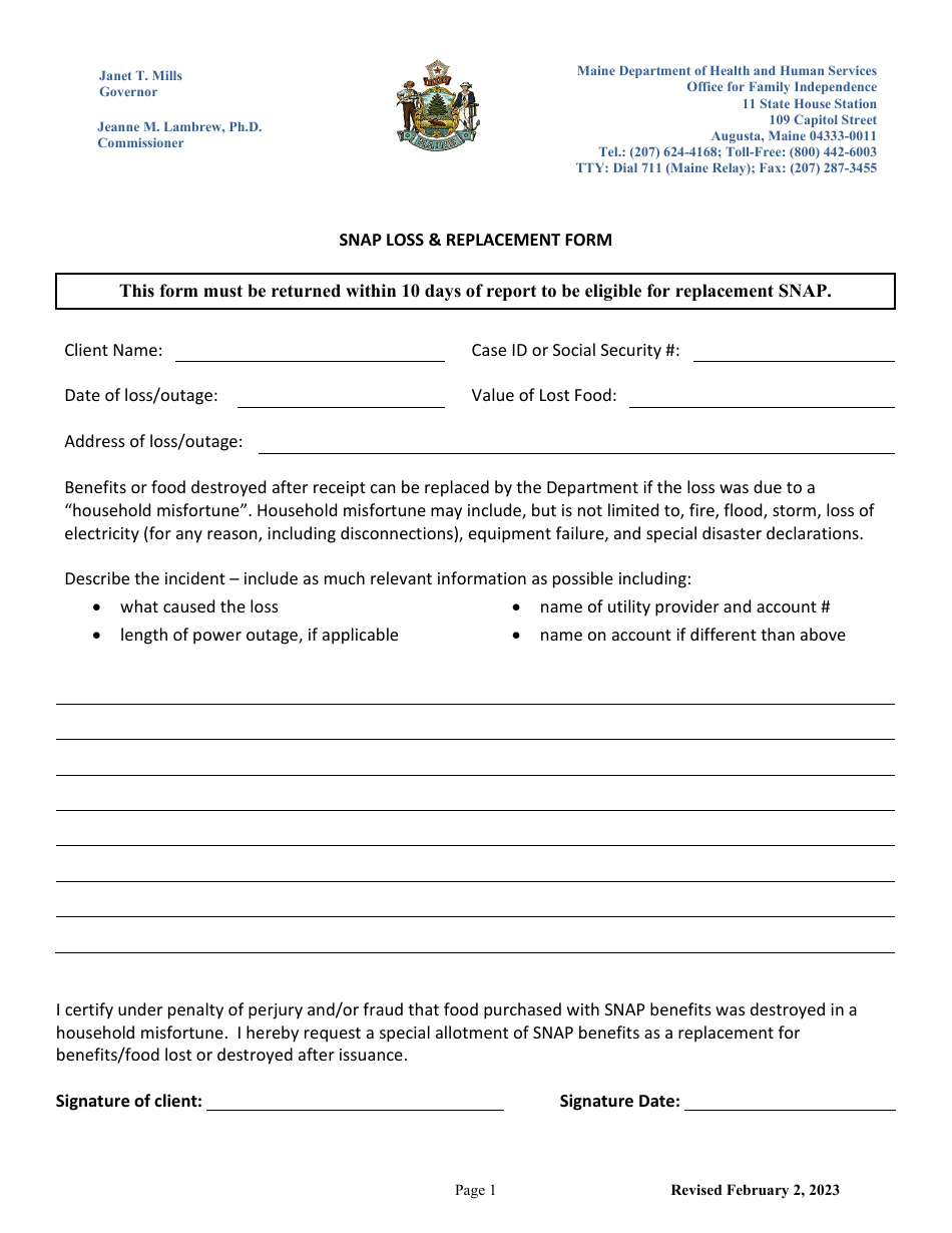 Maine Snap Loss & Replacement Form - Fill Out, Sign Online and Download ...