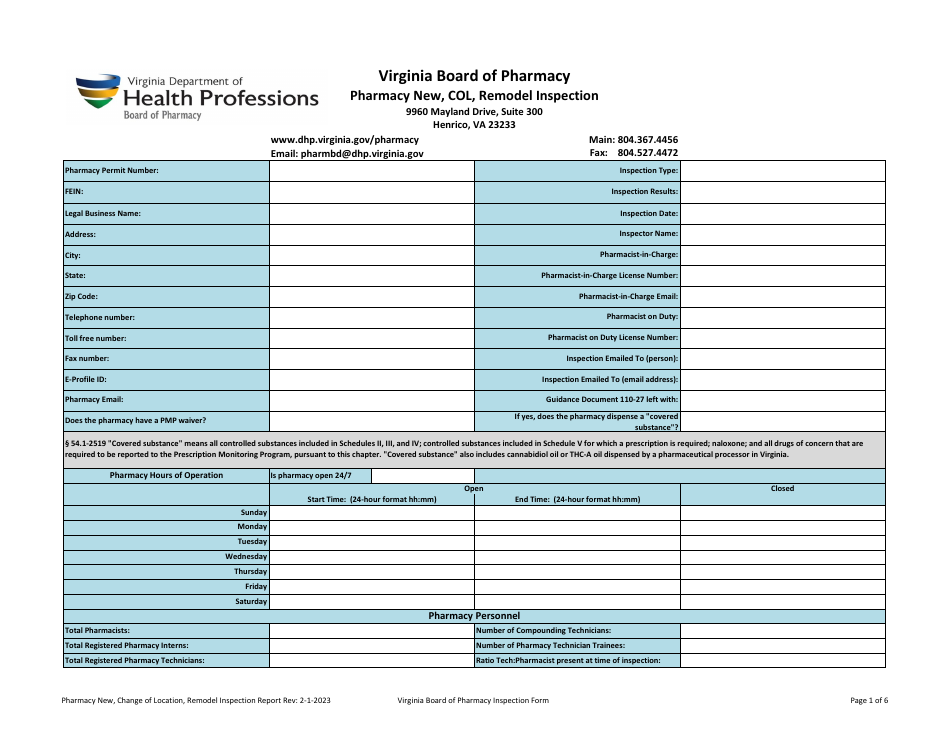 Virginia Pharmacy New, COL, Remodel Inspection - Fill Out, Sign Online ...