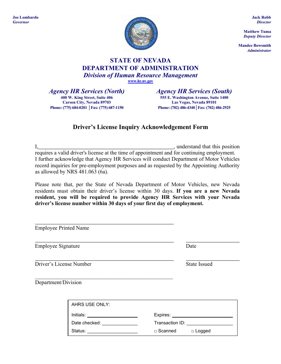 Nevada Driver's License Inquiry Acknowledgement Form - Fill Out, Sign Online and Download PDF ...