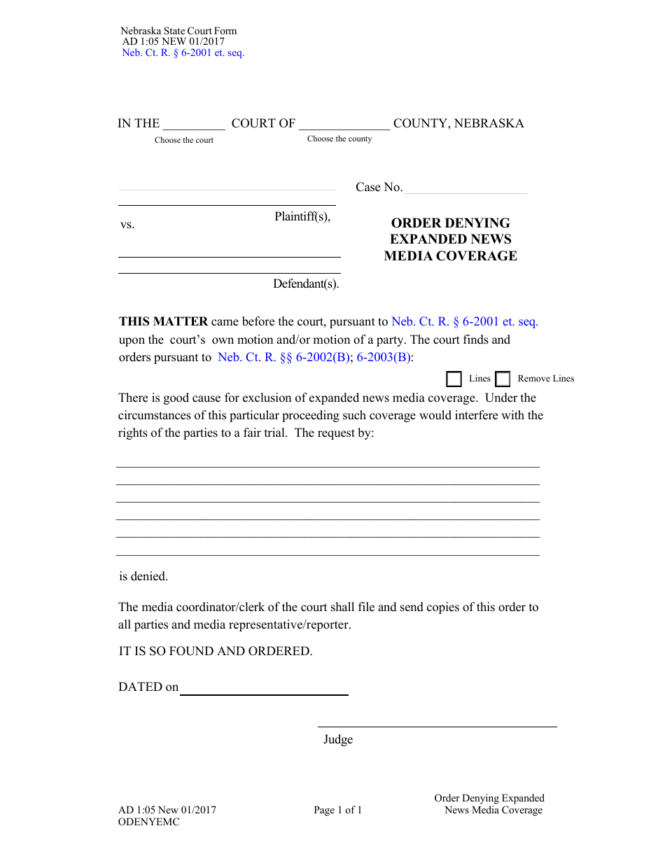 Form AD1:05 - Fill Out, Sign Online and Download Fillable PDF, Nebraska ...