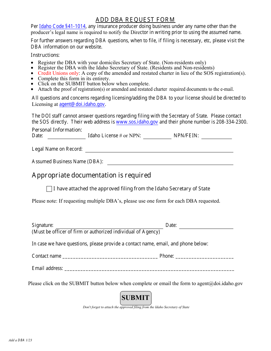 Idaho Add Dba Request Form - Fill Out, Sign Online and Download PDF | Templateroller
