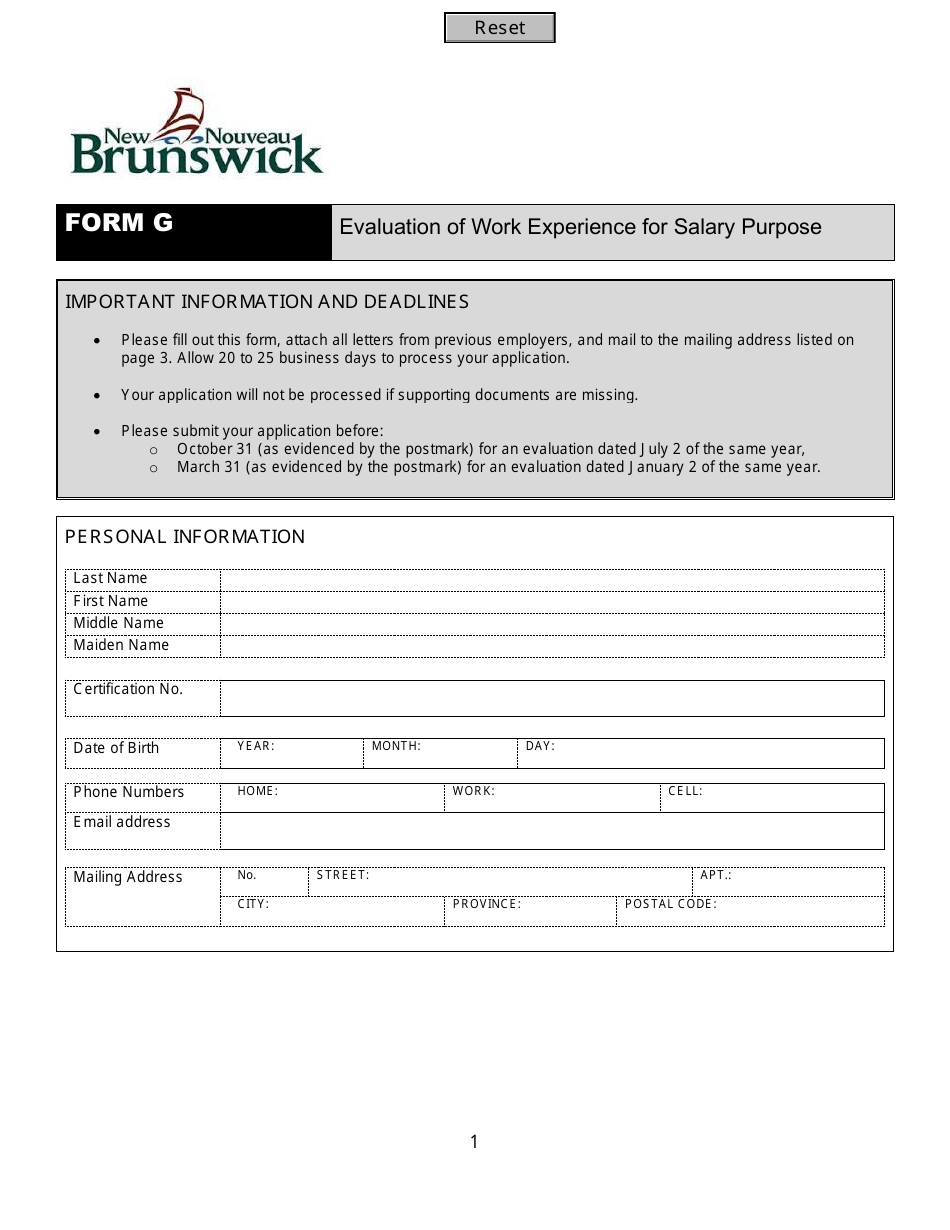 Form G - Fill Out, Sign Online and Download Fillable PDF, New Brunswick ...