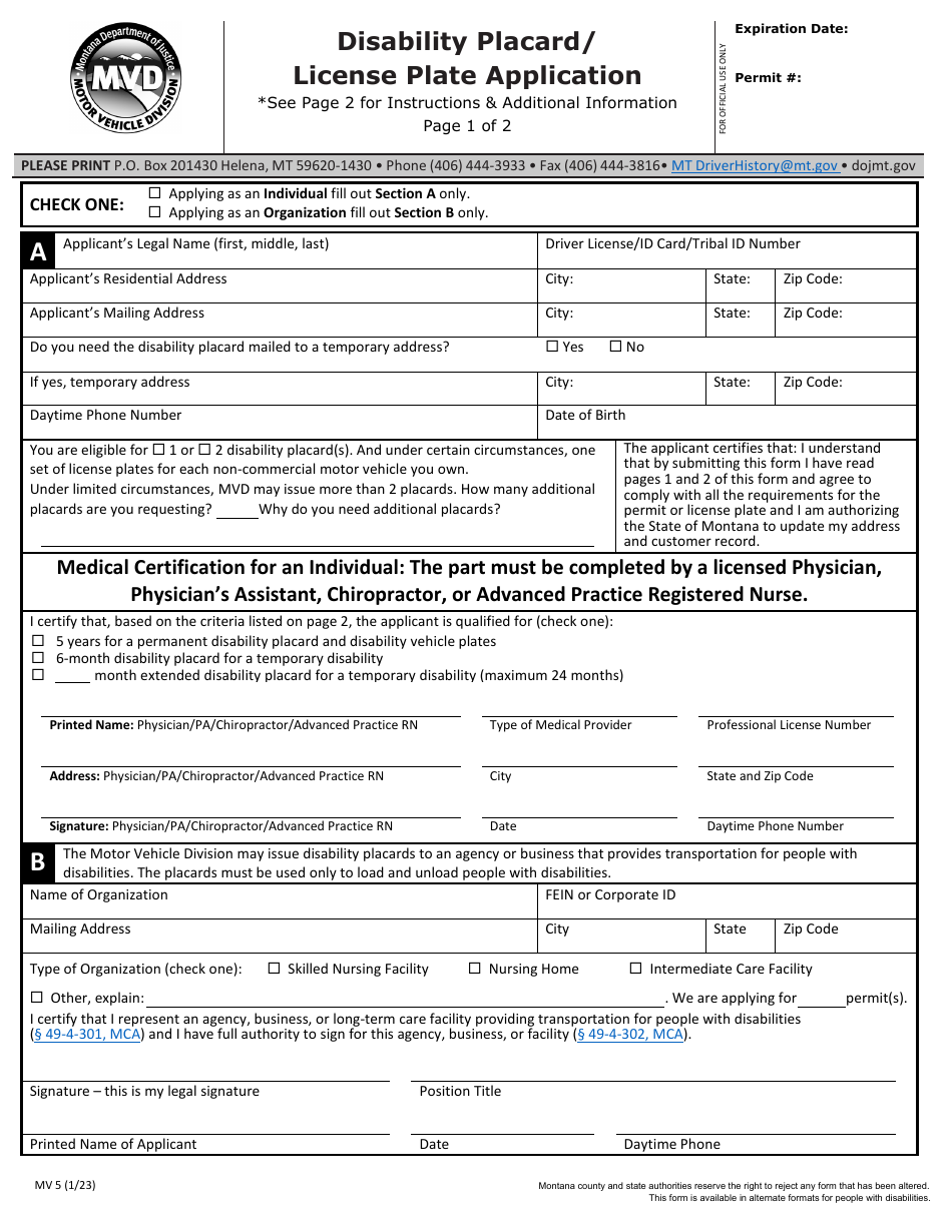 Form MV5 Download Fillable PDF or Fill Online Disability Placard ...
