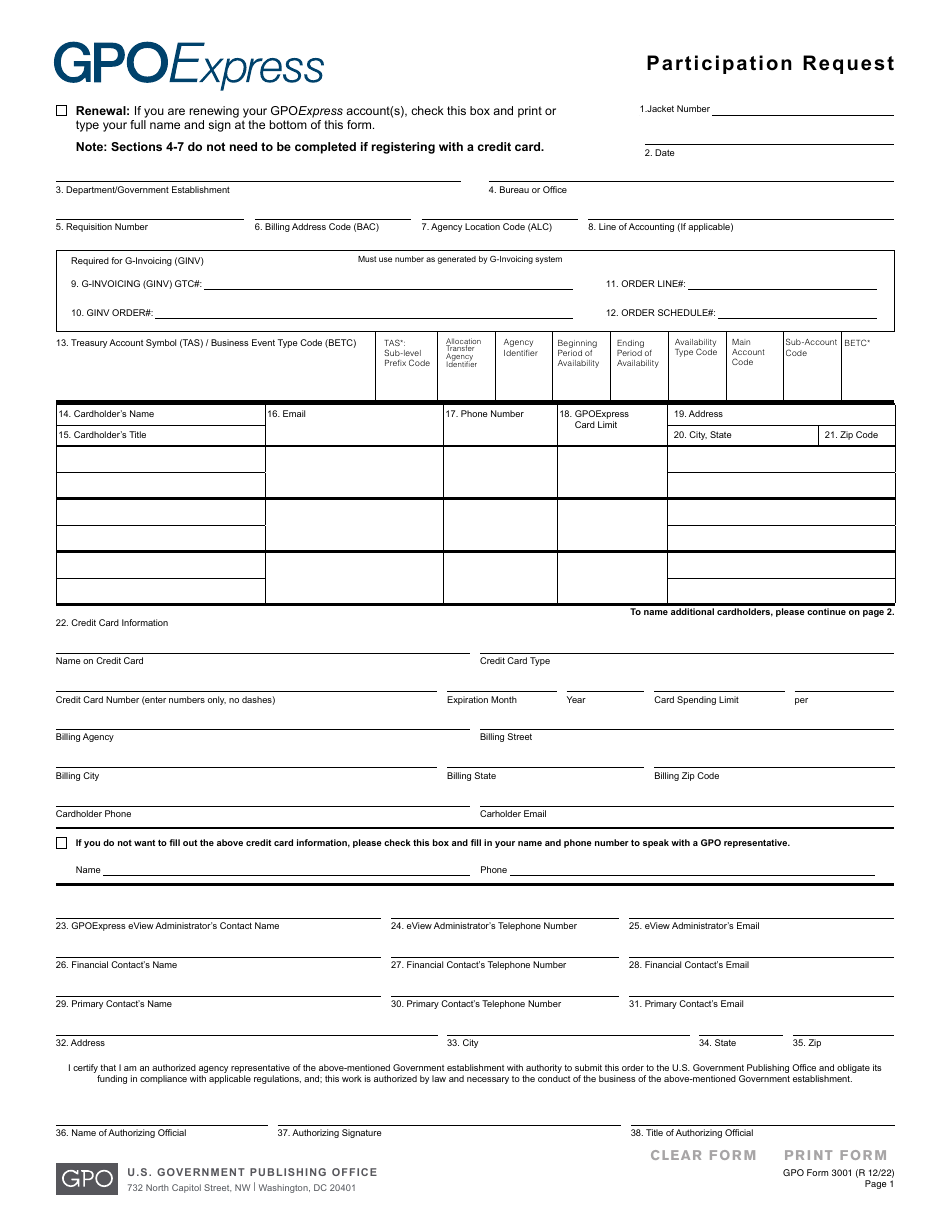 GPO Form 3001 Download Fillable PDF or Fill Online Participation ...