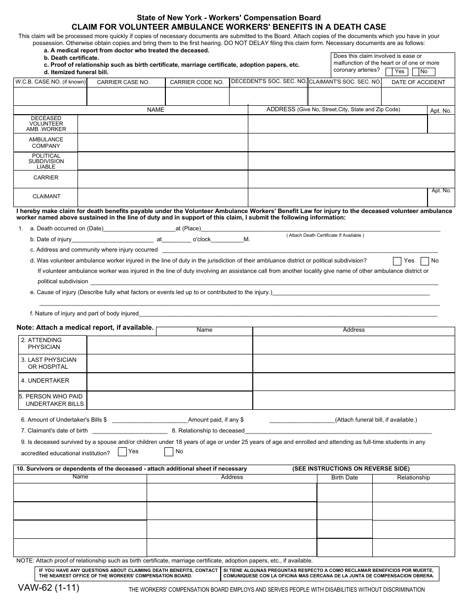 Form VAW-62 - Fill Out, Sign Online and Download Fillable PDF, New York ...