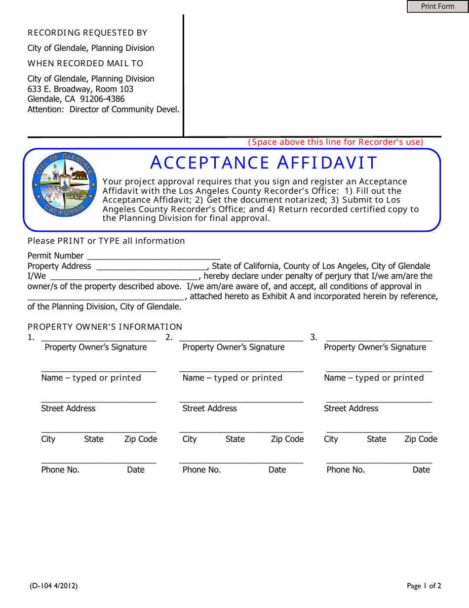 Form D-104 - Fill Out, Sign Online and Download Fillable PDF, City of ...