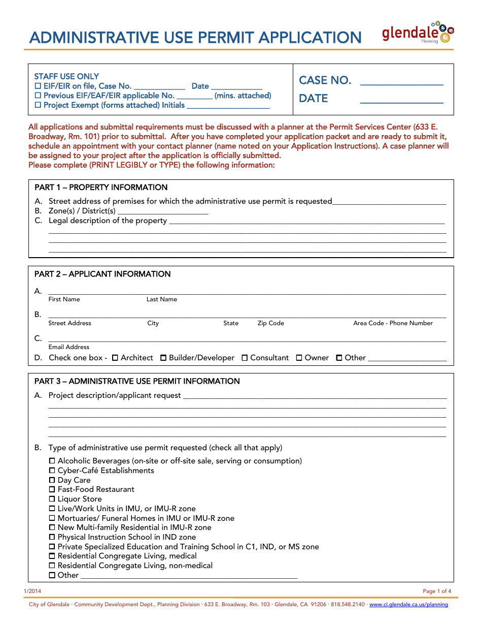 City of Glendale, California Administrative Use Permit Application ...