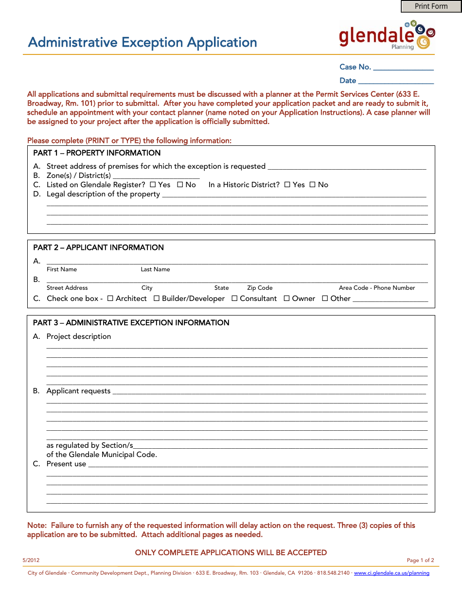 City of Glendale, California Administrative Exception Application ...