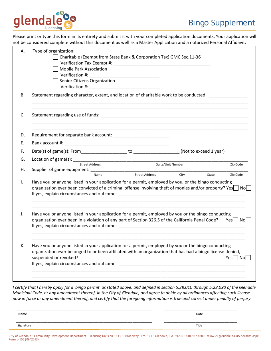 Form L-105 - Fill Out, Sign Online and Download Fillable PDF, City of ...