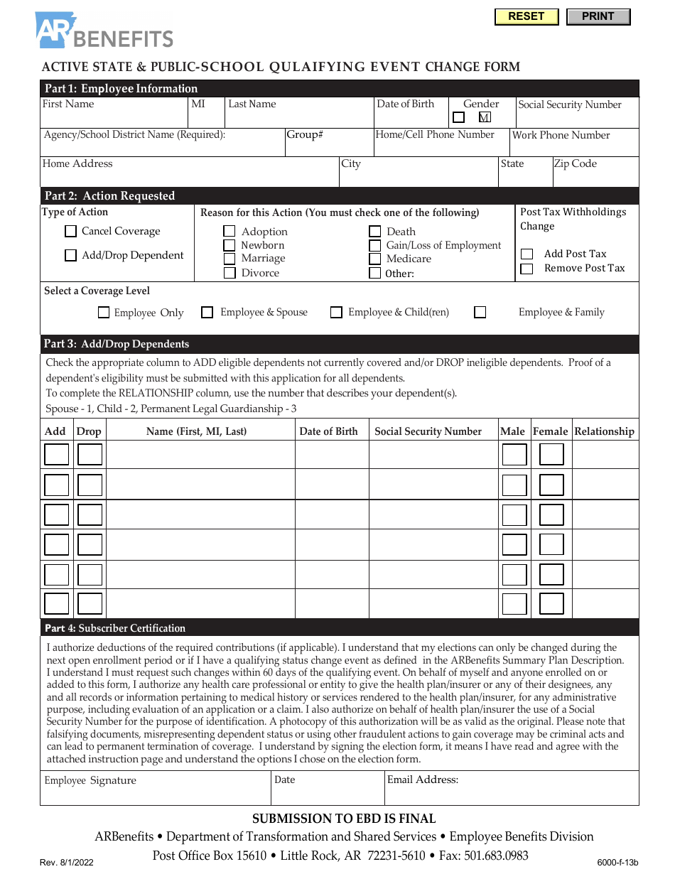 Arkansas Active State & Public-School Qulaifying Event Change Form - Fill Out, Sign Online and ...