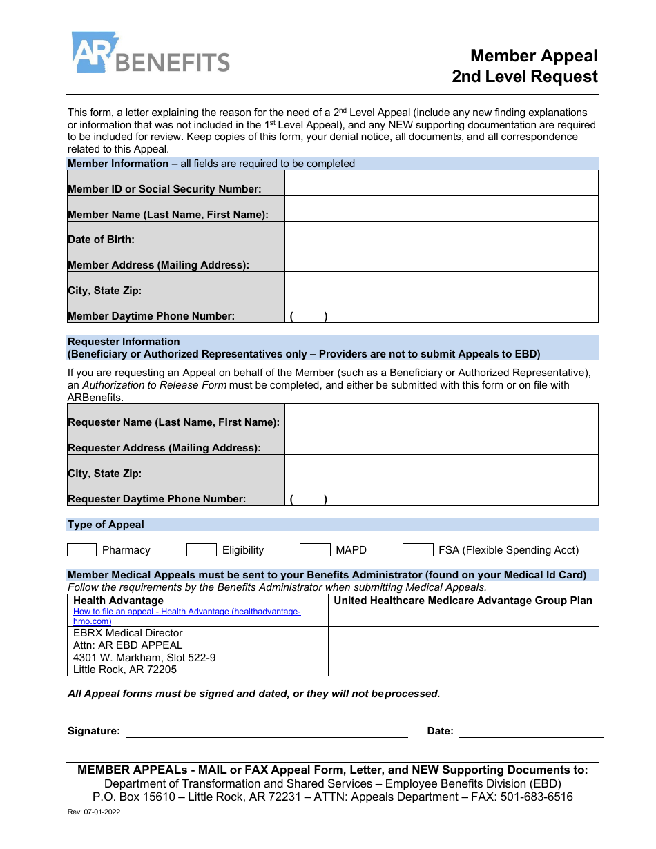 Arkansas Member Appeal 2nd Level Request - Fill Out, Sign Online and ...