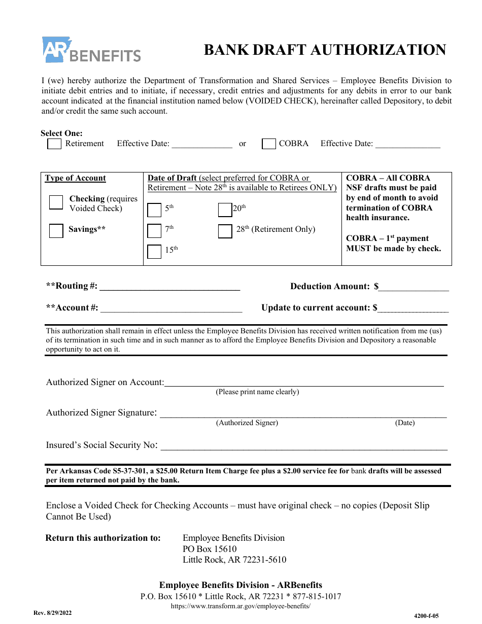 Arkansas Bank Draft Authorization - Fill Out, Sign Online and Download ...