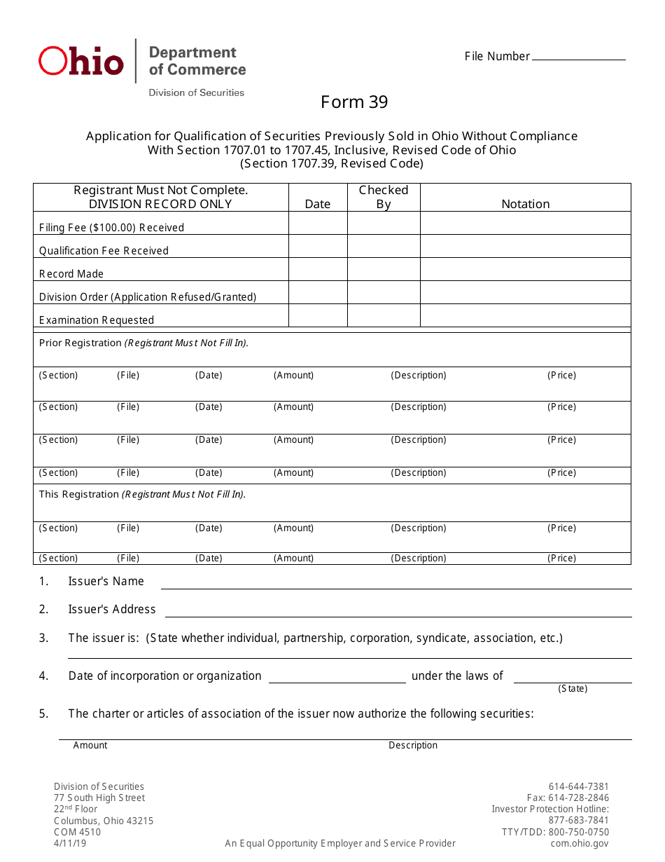 Form 39 (COM4510) - Fill Out, Sign Online and Download Fillable PDF ...