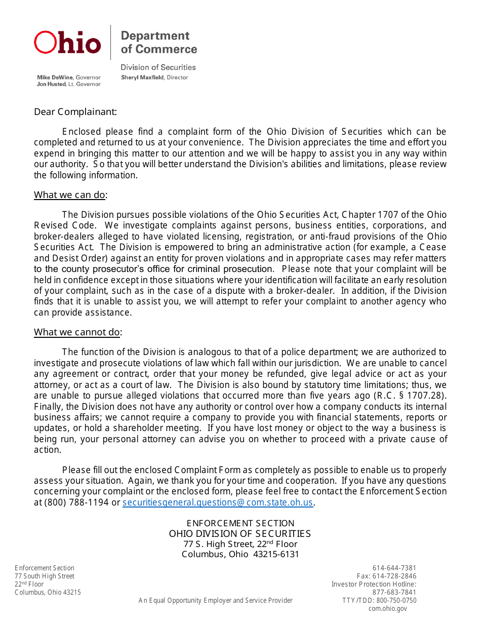 Ohio Securities Complaint Form - Fill Out, Sign Online and Download PDF ...