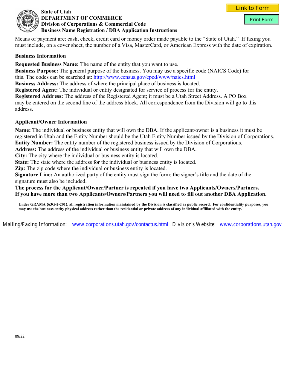 Download Instructions for Business Name Registration/Dba Application ...